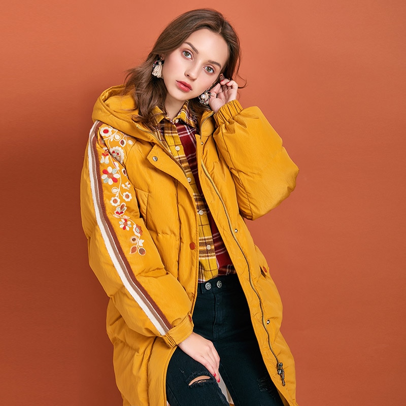 Embroidered Arm Long Puffer Jacket With Hood - Artka Official