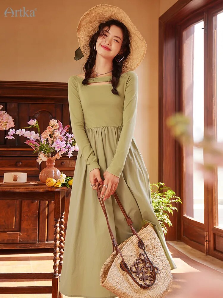 A-line Patchwork Dress With Long Sleeves - Artka Official