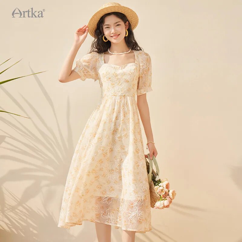 French Jacquard Embroidered Floral Midi Dress - Artka Official