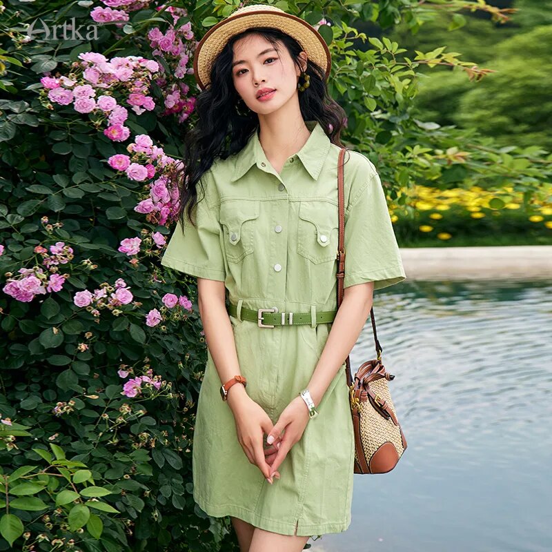 Safari Style Denim Shirt Dress With Belt - Artka Official