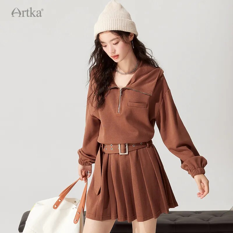 A-LINE Pleated Mini Dress With Belt - Artka Official